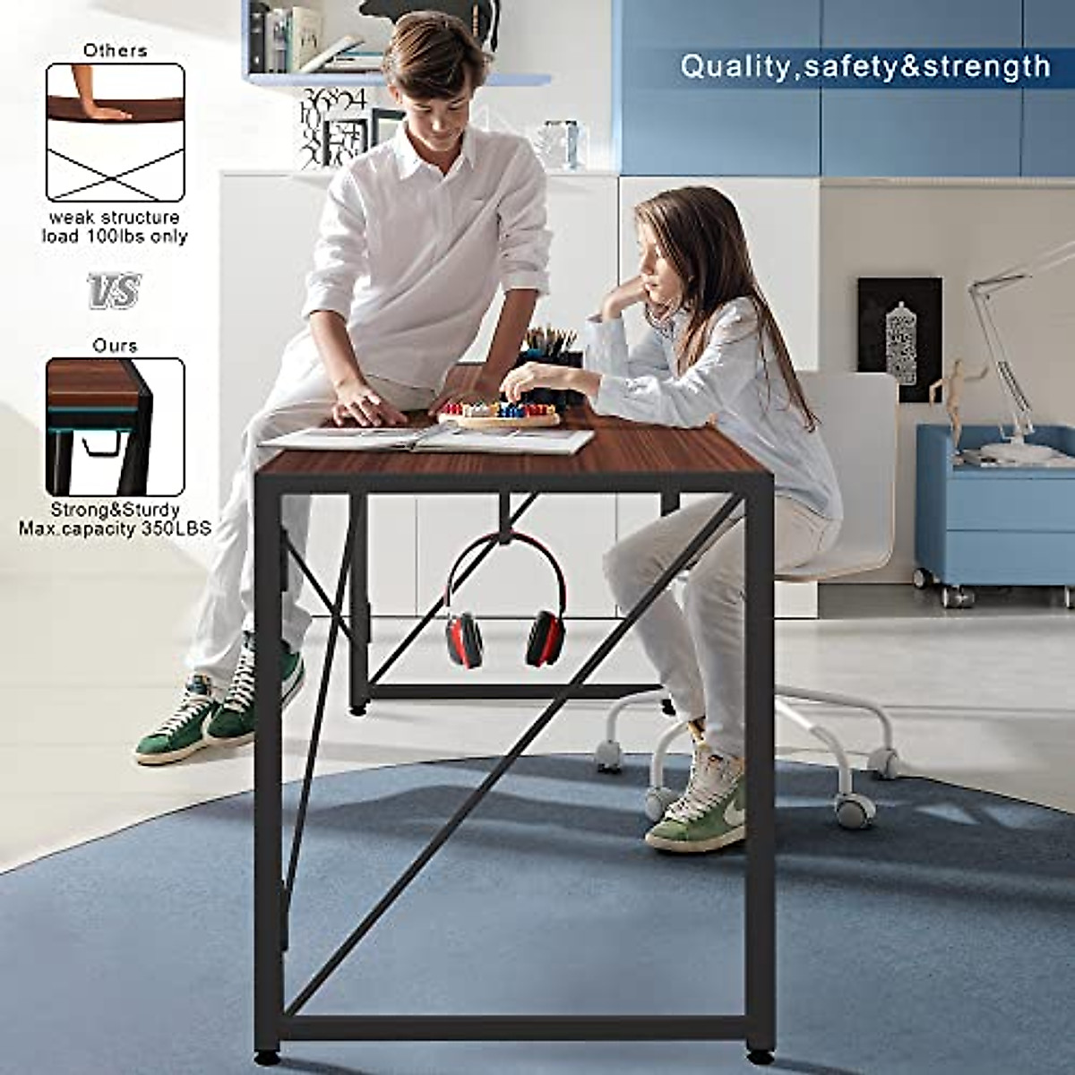 40 Inch Work Desk,Portable Folding Computer Desk,Home Office Desk,Study Writing Table,Gaming Desk Office Desk,Waterproof desk top, Easy Assemble Sturdy Home Office Table with Headphone Hook-BrownBrown