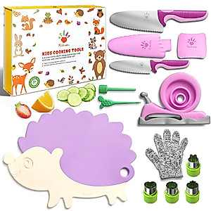 Kibbidea 13 Pcs Kids Kitchen Knife Set, Kids Knives For Real Cooking With Cutting Board, Peeler, Serrated Edges Stainless Steel Toddler Safe Knife, Sandwich Cutter (Purple)