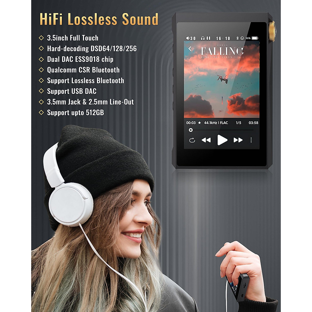Phinistec S7 HiFi MP3 Player with Bluetooth, Lossless DSD256 Digital Audio Player, High Resoultion Portable Music Player with Metal Body & Glass Back, Dual DAC, Supports Up to 512GB