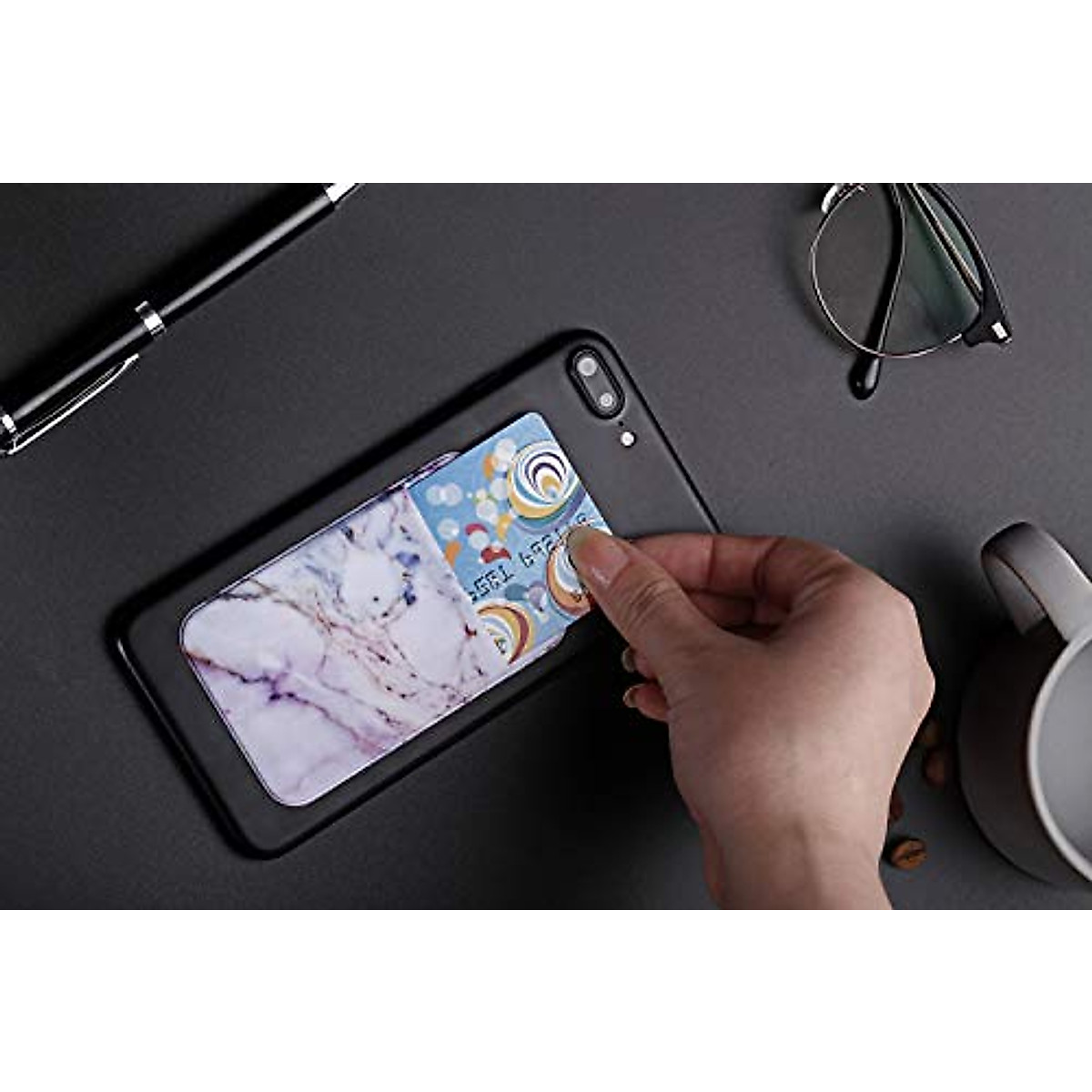 2Pack Marble Adhesive Phone Pocket,Cell Phone Stick On Card Wallet Sleeve,Credit Cards/ID Card Holder(Double Secure) with Sticker for Back of iPhone,Android and All Smartphones-Black&Purple Marble