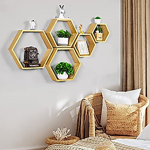 Hexagon Shelves Wall Floating Hexagonal Shelves Set of 5 Honeycomb Bamboo Shelves Floating Storage Display Shelves for Wall Decor Honey Comb Shelf Farmhouse Hexagon Rack in Living Room Bedroom Study