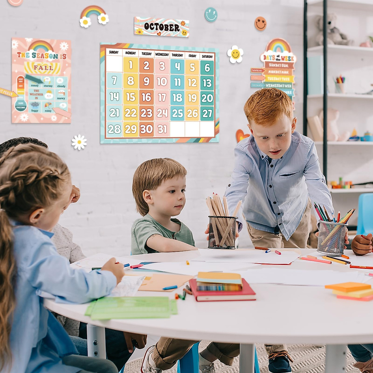 Updated 62Pcs Retro Bulletin Board Borders Classroom Decorations Calendar Season Weather Week Chart Educational Posters Retro Classroom Decor Theme Sets for Kindergarten Home School Classroom Supplies