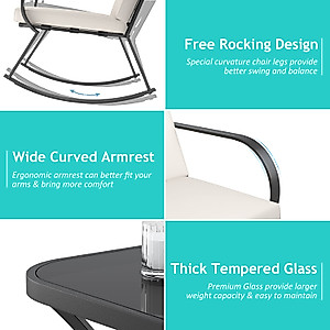 Flamaker Patio Chairs 3 Piece Outdoor Rocking Chairs Upgraded Metal Bistro Set with Thickened Cushions & Coffee Table Modern Patio Furniture for Porch, Balcony and Lawn (Beige)