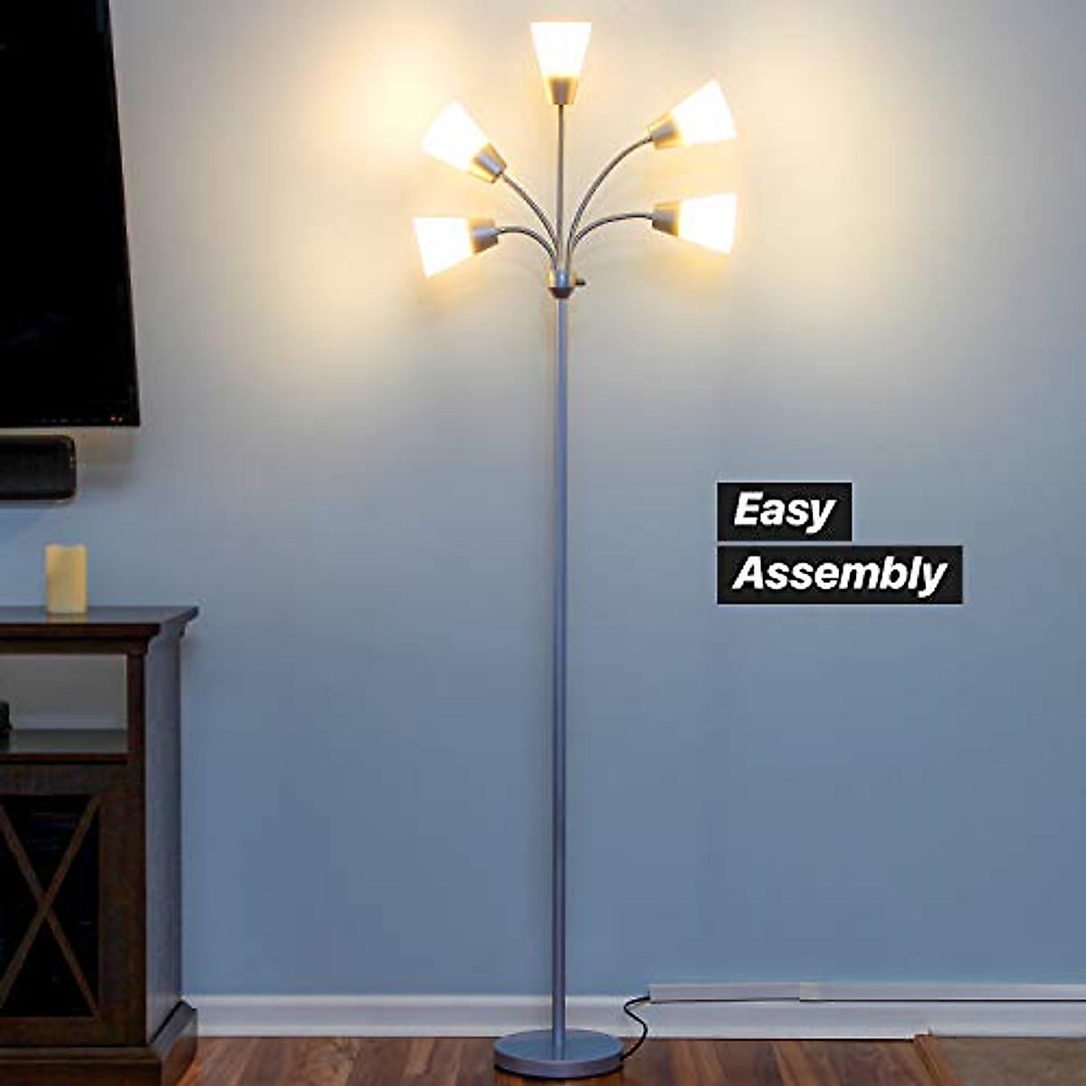 Brightech Medusa Modern LED Floor Lamp – Multi Head Dimmable Floor Lamp for Living Rooms & Offices – Tall Lamp with Interchangeable Shade, Standing Lamp with 5 LED Bulbs for Hobbies - Silver