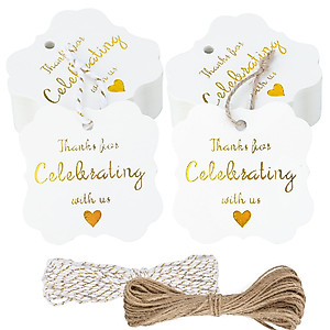 White Gold Tags,Thank You for Celebrating with Us Tag,100 Pcs High-end Metallic Gold Tags with Jute Twine,Paper Gift Tags for Wedding Favors,Baby Shower or Special Event