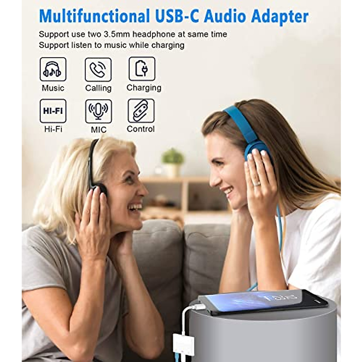 USB C to 3.5mm Audio Adapter, Aux Headphone Jack Splitter with Fast Charging Port, Type-C to Dual Earphone Converter, Compatible for Samsung, iPad Pro, Google Pixel, HTC, Huawei etc (3 in 1)