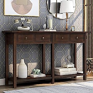 P PURLOVE Retro Console Table Sofa Table for Entryway with Drawers and Shelf Living Room Sideboard (Dark Espresso)