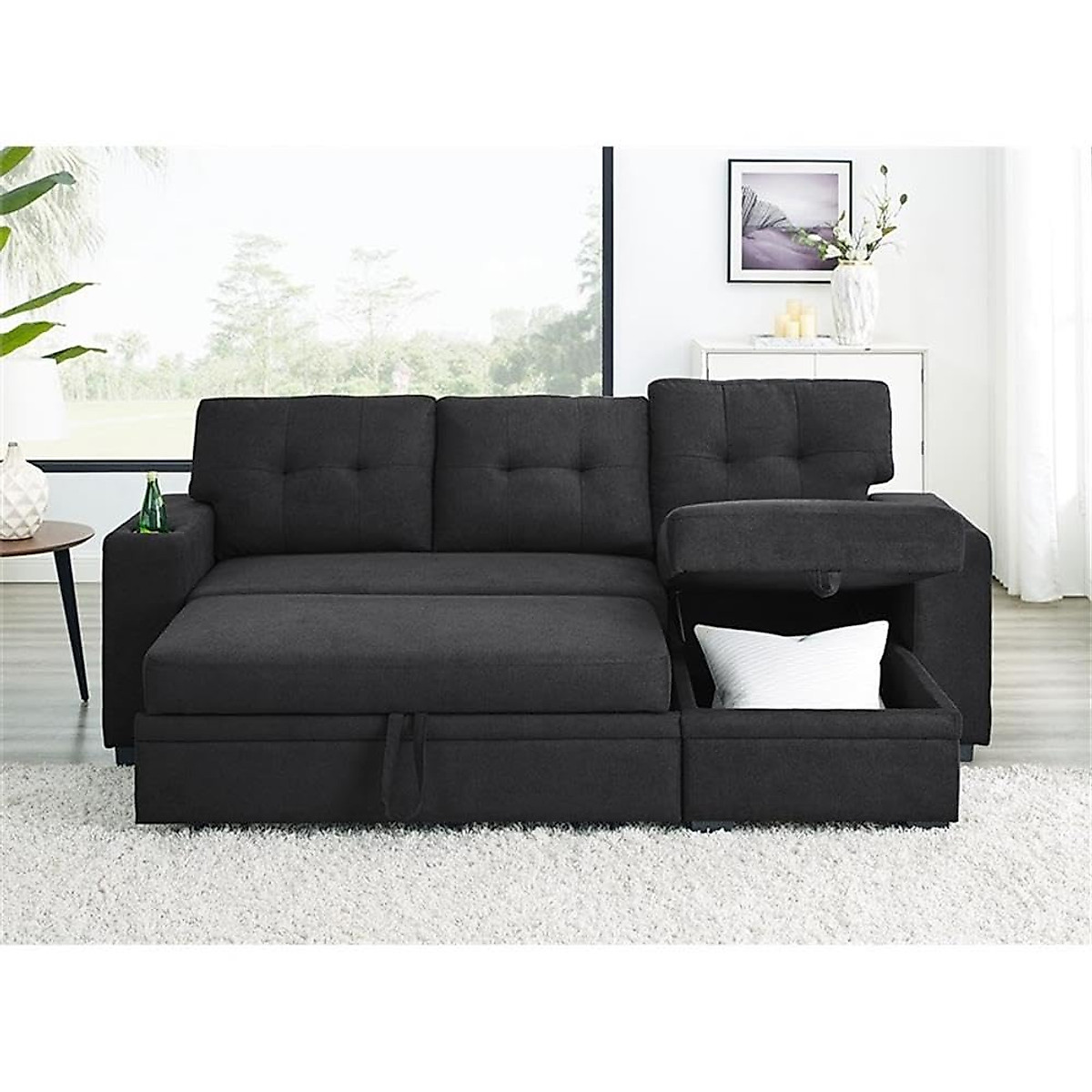 Partner Furniture Upholstery Polyester Blend Fabric Convertible Sectional Sleeper Sofa with Cup Holders in Black