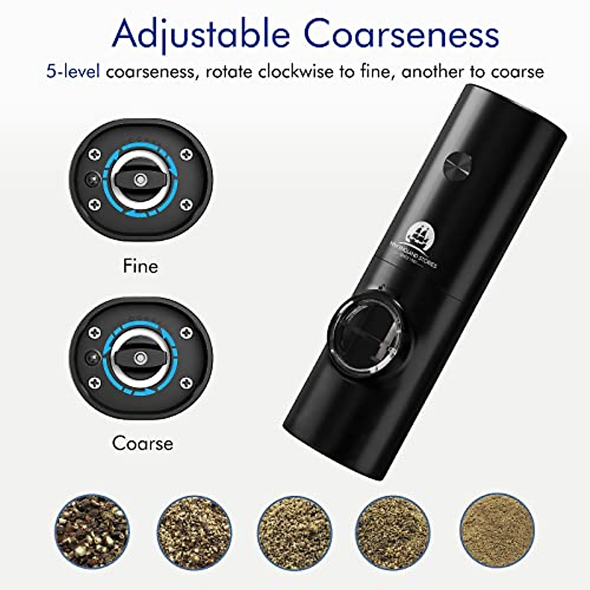 Electric Salt and Pepper Grinder Set Battery Powered with Light, Automatic One Hand Operation Pepper Mill with 5 Levels Adjustable Coarseness