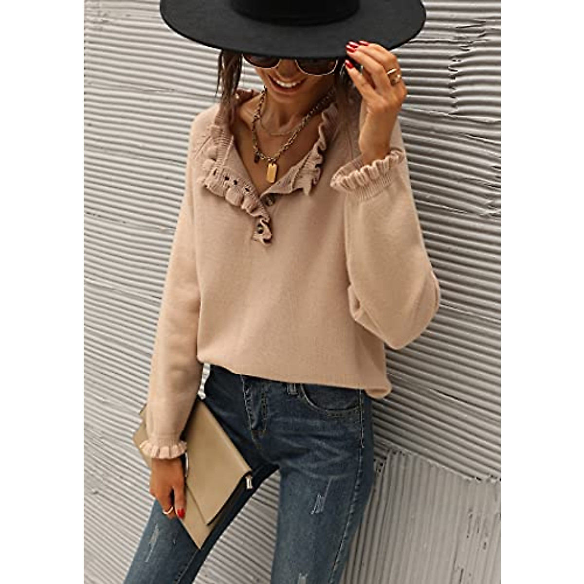 BTFBM Women's Sweaters Casual Long Sleeve Button Down Crew Neck Ruffle Knit Pullover Sweater Tops Solid Color Striped(Solid Khaki, Small)