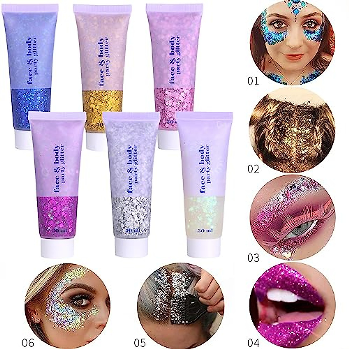 2 Color Face and Body Glitter Gel, Neon Outfit Glow Party for Body Hair Face Nail Glitter Stick Makeup. (03-Pink&06-White Moonbeam)