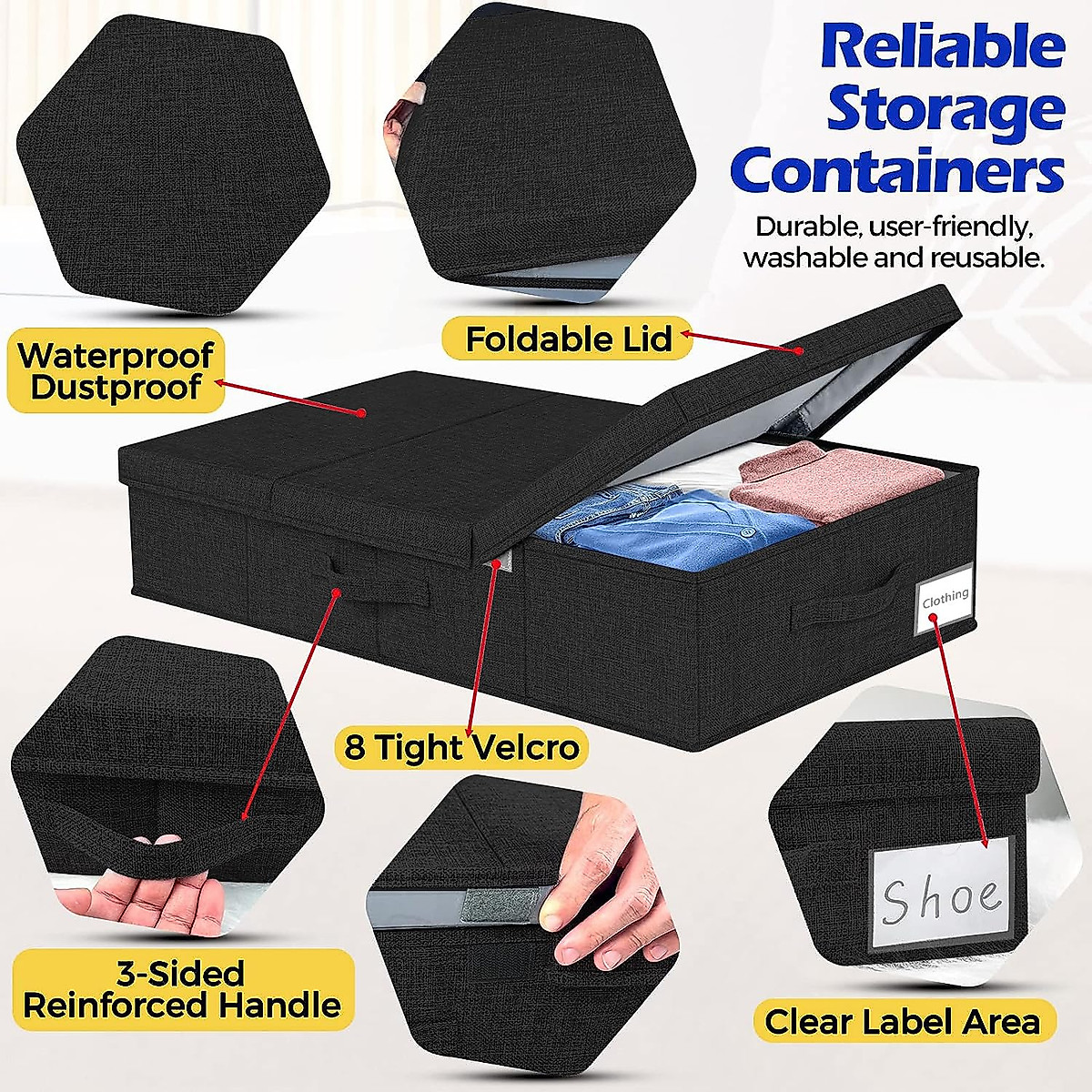 Under Bed Storage, Large Underbed Storage Containers with Lids, Foldable Clothes Storage Bins W/ Reinforced Handle for Bedroom Organization, Closet Organizers for Blanket, Shoe, Pillow -2 Pack, Black