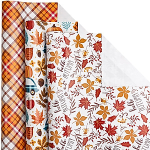 LeZakaa Fall Wrapping Paper Roll - Mini Roll - Maple Leaf with Hello Autumn Chestnut and Car/Plaid Print for Gift Wrap, Craft - 17 x 120 inches - 3 Rolls (42.5 sq.ft.ttl.)