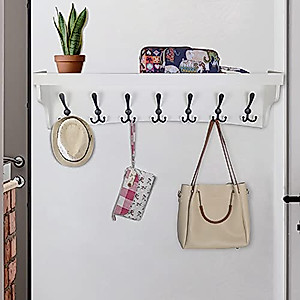 WEBI Coat Rack Wall Mount with Shelf,35’’ Long White Shelf with Hooks Underneath,Wall Mounted Coat Rack with Shelf,Key Rack for Wall,7 Triple Hooks for Hanging Coats,Bathroom,Entryway