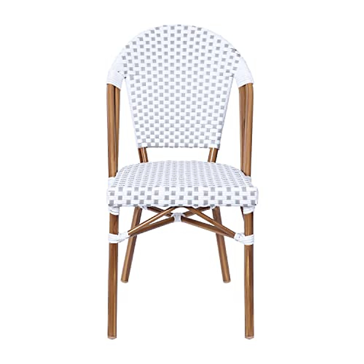 Flash Furniture Lourdes Set of 2 Indoor/Outdoor Commercial Bistro Stack Chairs - White/Gray PE Rattan Back and Seat - Natural Bamboo Print Aluminum Frame