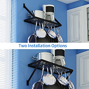 Hoooh Square Grid Wall Mount Pot Rack Storage Shelf with 10 Hooks, Kitchen Cookware Hanging Organizer, Black, KPR301A-BK