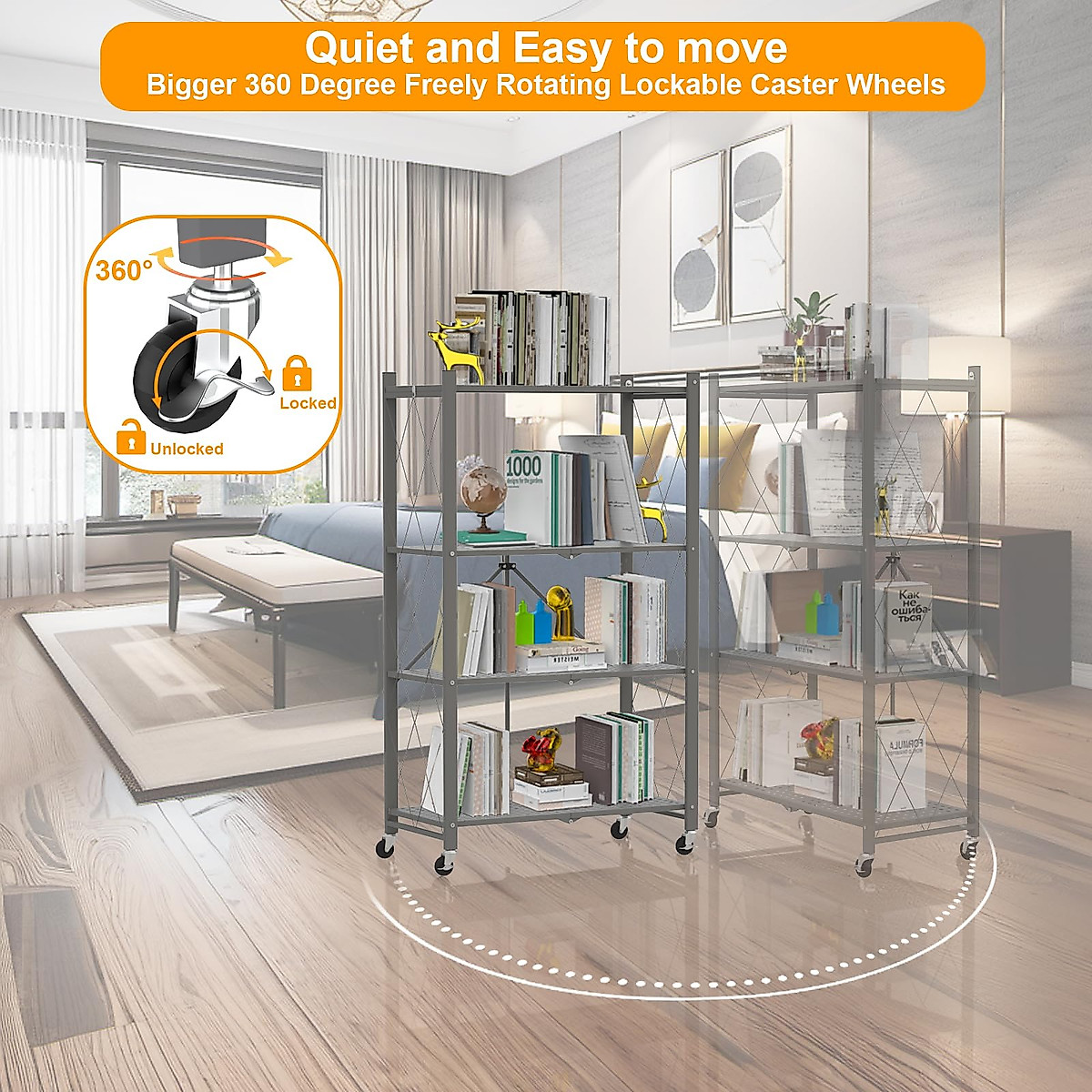 KAERMO 5-Tier Foldable Storage Shelves with Wheels -No Assembly Metal Folding Shelves, Collapsible Shelving Storage Unit Rolling Shelf for Home Garage Kitchen Office (Dark Grey)