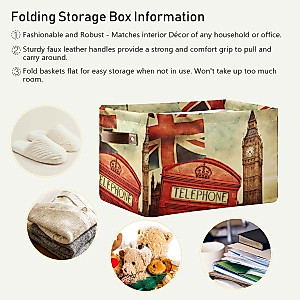 AUUXVA London UK Flag Telephone Booth Storage Bins Basket, Big Ben Union Jack Collapsible Storage Cube Rectangle Storage Box with Handles for Shelf Closet Nursery Bedroom Home Office 2 Pack