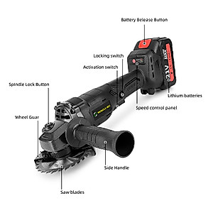 Cordless Angle Grinder with 4-pole Motor, 21V Cordless Grinders Tools w/3.0A Battery & Fast Charger, 4-3/8 Inch Grinding Wheels, Cutting Wheels, Flap Discs and Adjustable Auxiliary Handle