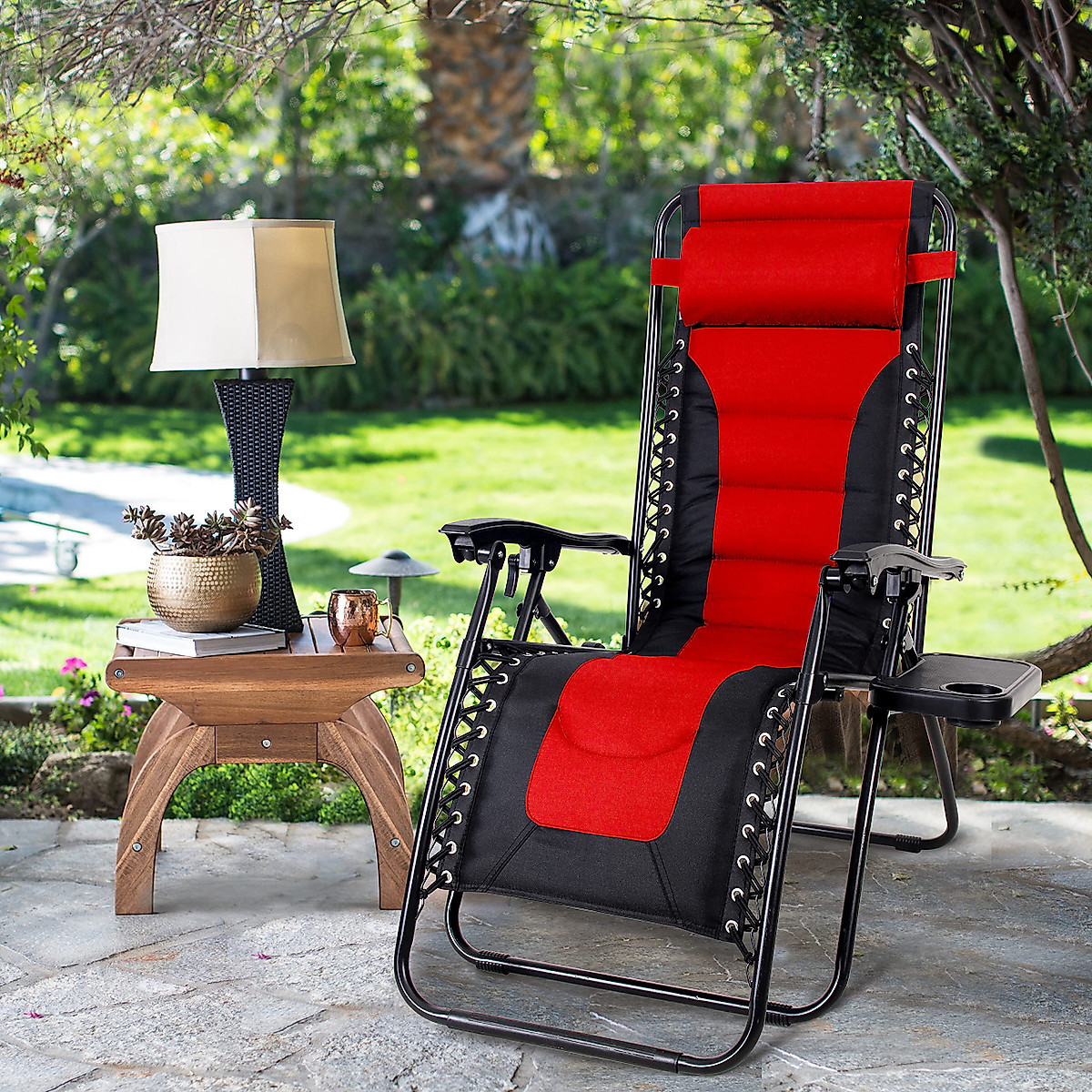 MAISON ARTS Oversized Padded Zero Gravity Lawn Chair Foldable Patio Recliner Anti Gravity Lounge Chair w/Pillow & Cup Holder Outdoor Camp Chair for Poolside Backyard Beach, Support 300lbs, Red