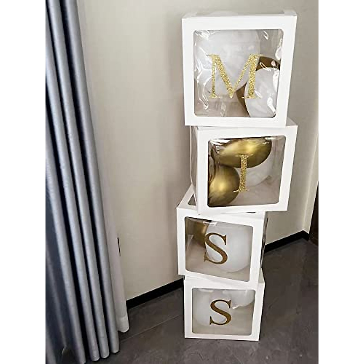 Fonder Mols 4PCS White Transparent Balloon Boxes with Gold Glittered MISS TO MRS Letters for Wedding Party Bridal Shower Engagement Decorations (No Balloons)