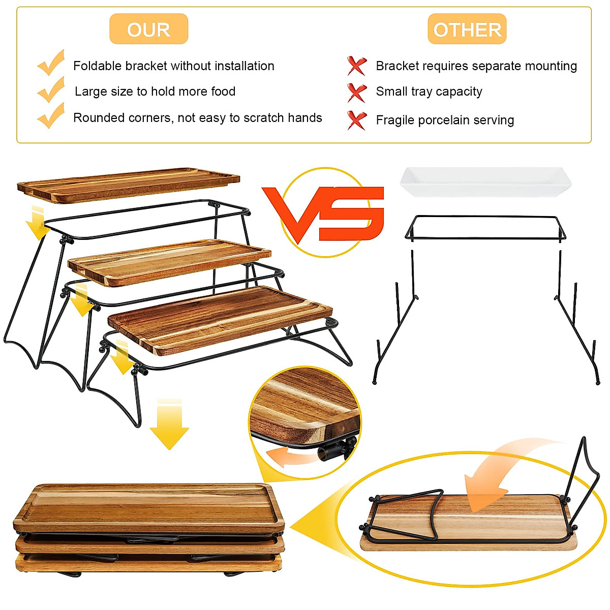 3 Tier Wooden Cupcake Stand Serving Tray, FODIENS Acacia Wood Dessert Table Display Set with Foldable Iron Frame, Decorative Tiered Charcuterie Boards Serving Trays Platters for Party Entertaining