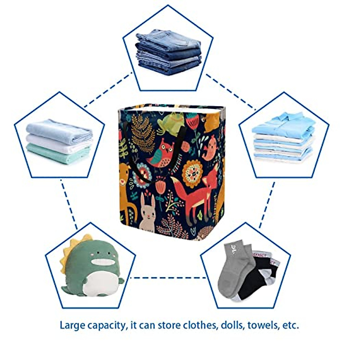 Forest Animals Owl Hedgehog Deer Fox Rabbit Print Collapsible Laundry Hamper, 60L Waterproof Laundry Baskets Washing Bin Clothes Toys Storage for Dorm Bathroom Bedroom