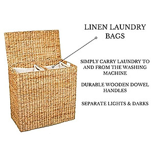 BirdRock Home Water Hyacinth Laundry Hamper Divided Interior (Natural) - Eco Friendly - Made of Hand Woven Hyacinth Fibers - Includes Two Removable Cotton Liners Bag - Wicker Laundry Basket with Lid