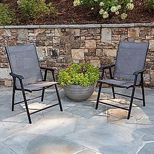 EMMA + OLIVER Gray Outdoor Folding Patio Sling Chair with Black Frame/Portable Chair (2 Pack)