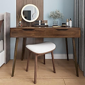 Tangkula Mid-Century Desk with 2 Drawers, Writing Study Desk, PC Laptop Desk, Home Office Computer Workstation for Small Space, Makeup Vanity Console Table (Walnut)