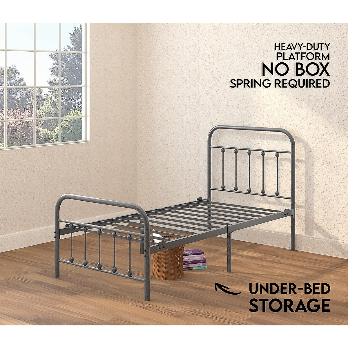 AMBEE21 CastleBeds Vintage Twin Size Silver Iron Bed Frame with Headboard Footboard Wrought Rod Art Heavy Duty Steel Metal Platform Foundation Farmhouse Industrial Victorian Style 600 lbs Capacity