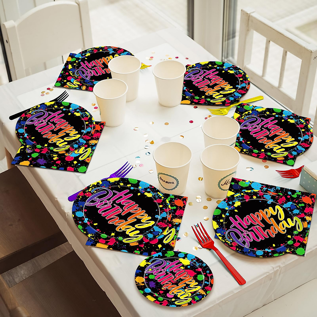 Kepeel 96 Pcs Neon Party Plates, Glow Birthday Party Supplies Disposable Paper Plates Dessert Napkins Glow in the Dark Favors Decorations Graffiti Tableware For Kids, Serves 24