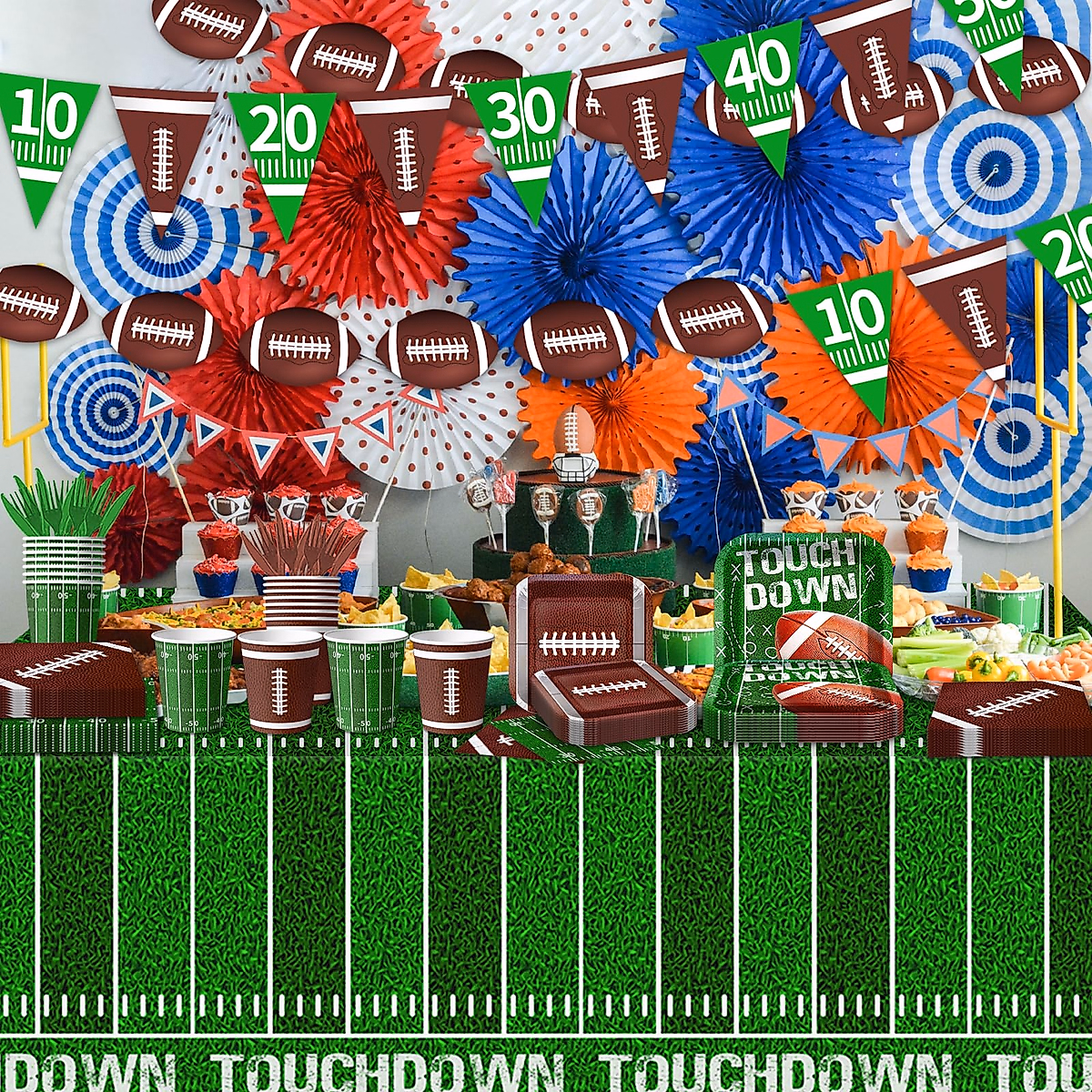 178Pcs Football Party Supplies Includes Dinner Plates, Dessert Plates, Napkins, Cups,Banner and Touchdown Tablecloth for Football Birthday Party Football Gameday Tailgate Party Decorations Serve 25