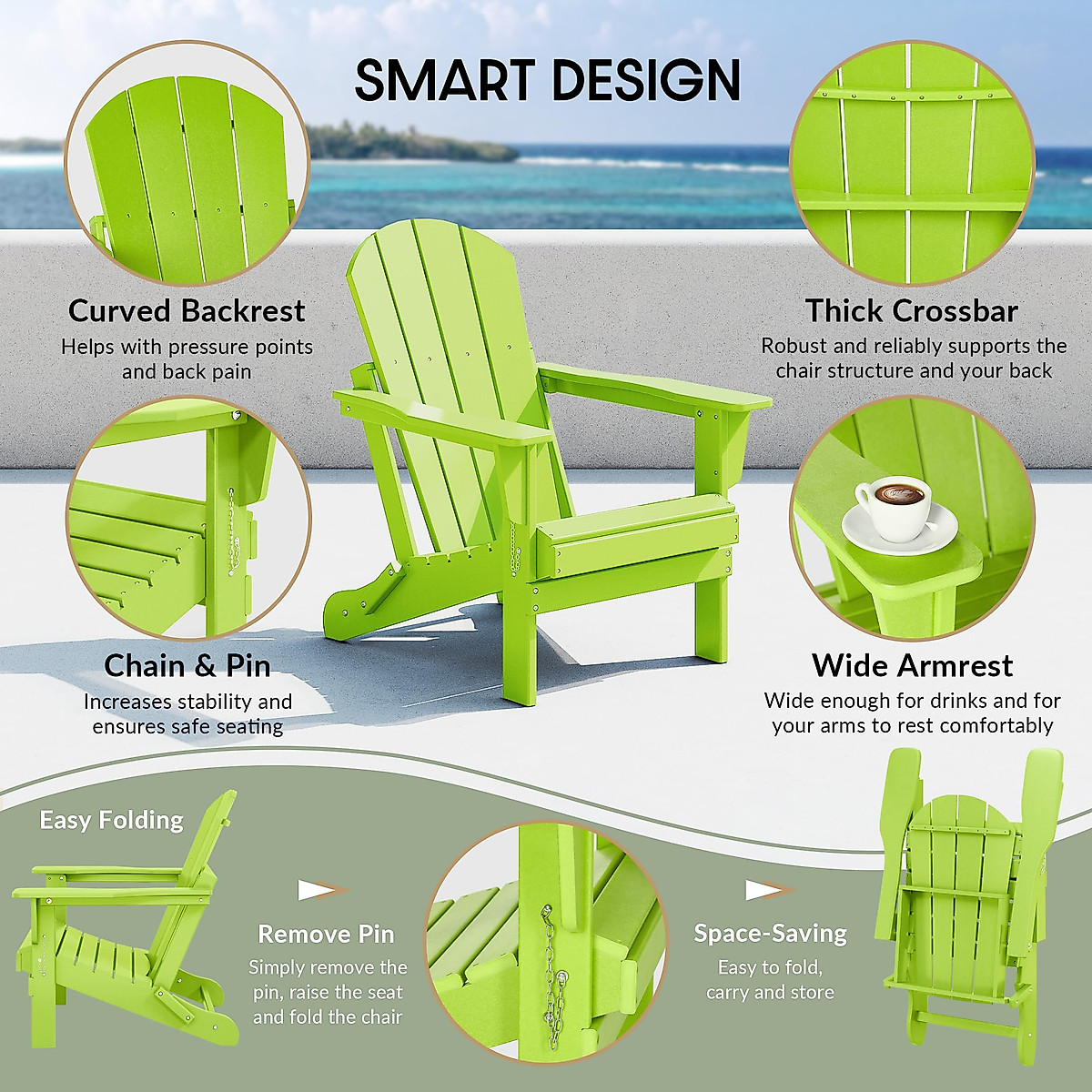 WestinTrends Malibu 2-Piece Set Outdoor Folding Poly Adirondack Chair, Lime