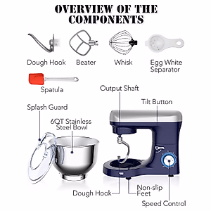Stand Mixer, Petalirs 6 QT 660W 6-Speed Tilt-Head Food Mixer, Kitchen Electric Mixer with Dough Hook, Wire Whip & Beater