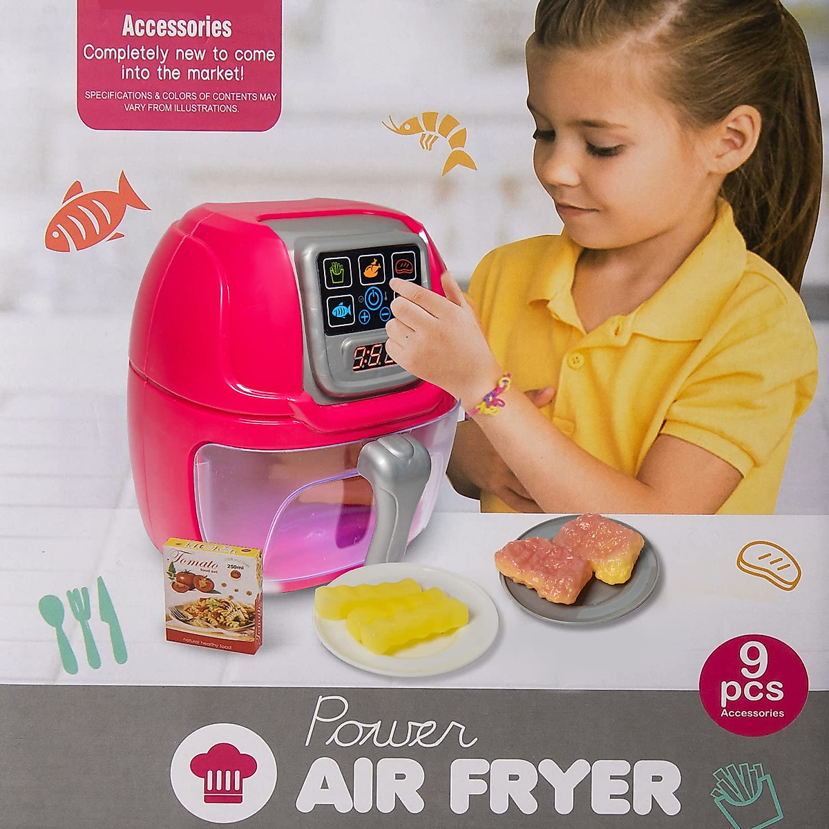 Fxfenoxo Toy Air Fryer Play Kitchen Accessories Set for Kids, Toddler Pretend Cooking Toys with Play Foods for 3-5 for Year Old Boys and Girls Gift