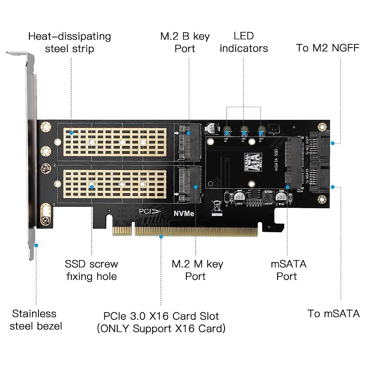 3 in 1 NGFF and MSATA SSD Card,M.2 NVME to PCIE/M.2 SSD to III/MSATA to for 2280/2260