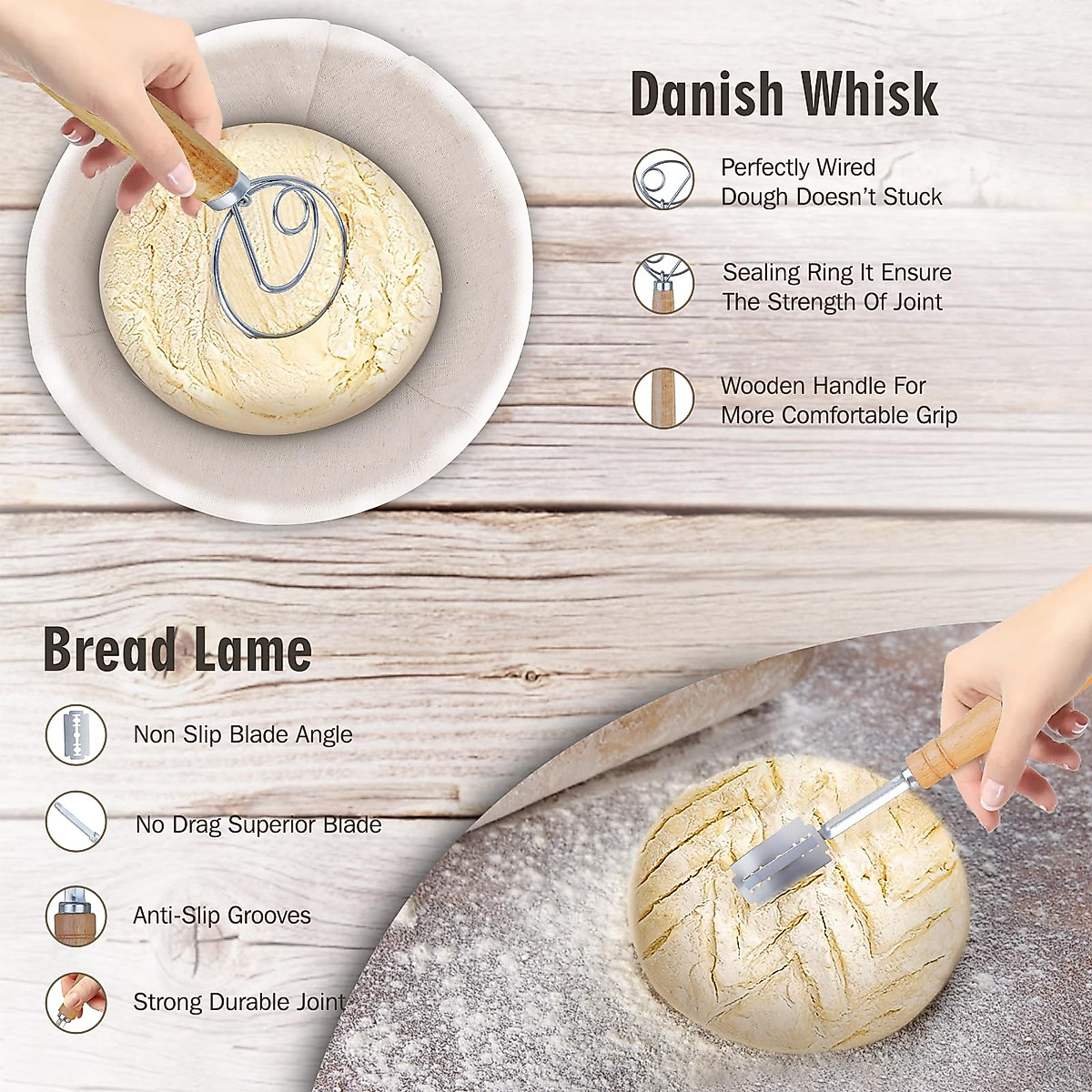 Yebicola Set of 2 Sourdough Banneton Basket, 10 Inch Round & Oval Proofing Baskets for Bread Baking with Bread Lame Dough Scraper Whisk, Sourdough Starter Kit for Home Kitchen Sourdough Bread Making