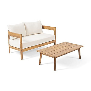 Christopher Knight Home Alina Outdoor Loveseat Set with Coffee Table, Teak Finish, Beige