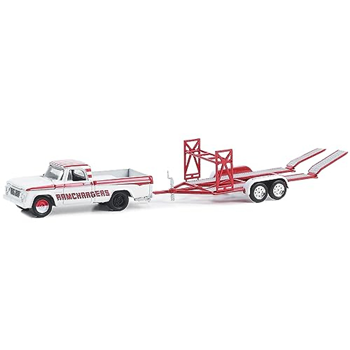 1964 D-100 Pickup Truck White with Red Stripes RAMCHARGERS with Tandem Car Trailer Hitch & Tow Series 28 1/64 Diecast Model Car by Greenlight 32280A