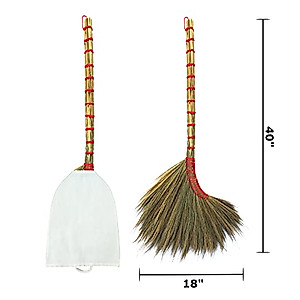 Generic Handmade Grass Thai Broom Extra Thick Bristle Brush Head Traditional Asian Whisk Sweeper Broomcorn Plus 100 Percent Cotton Dust Cover, 40 x 18 x 1.5 inch, Red
