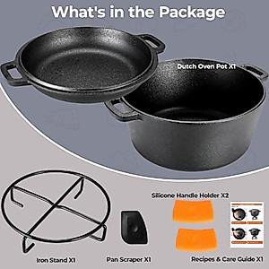 TLGREEN Cast Iron Dutch Oven Pot with Lid,Cast Iron Pot (5.1QT) and Cast Iron Lid as a Skillet(1.9QT) - Dutch Oven Cast Iron with Silicone Holders, Iron Stand, for Oven, Stove, Grill，Campfire