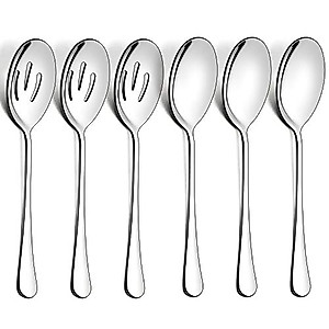 LIANYU 6 Pack Serving Spoons Set, 3 Large Serving Spoons, 3 Slotted Serving Spoons, Stainless Steel Buffet Dinner Restaurant Serving Spoons Set, Catering Serving Utensils for Party Banquet, 9.8 Inch