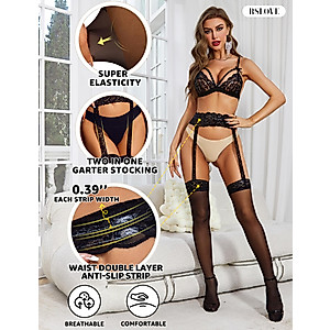 RSLOVE Stockings for Women Sheer Thigh High Sexy Pantyhose Lace Suspender Tights Garter Antiskid Silicone Black