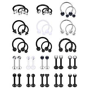 SCERRING 16g Lip Rings Stainless Steel Horseshoe Septum Nose Hoop Labret Monroe Lip Rings Nail Tragus Rook Helix Cartilage Earrings Studs Ring Medusa Piercing Jewelry 38PCS Black