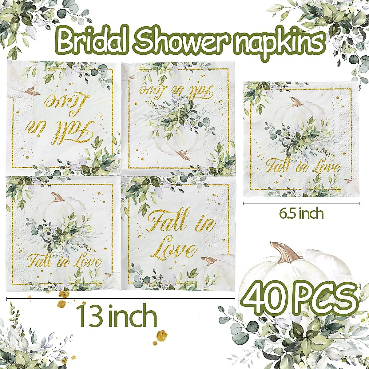 40pcs Fall in Love Napkins-Fall Bridal Shower Decorations, Disposable Green Pumpkin Paper Fall Wedding Shower Dinner Napkins for Engagement Party Fall in Love Bridal Shower Decor
