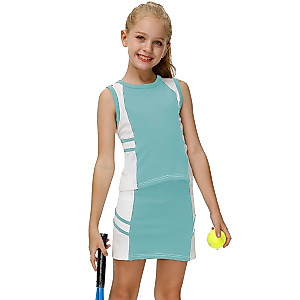 Girls Tennis Athletic Outfit Set Sports Color Block Casual Tank Top Golf Skirt Built in Shorts Light Green 6-7 Years
