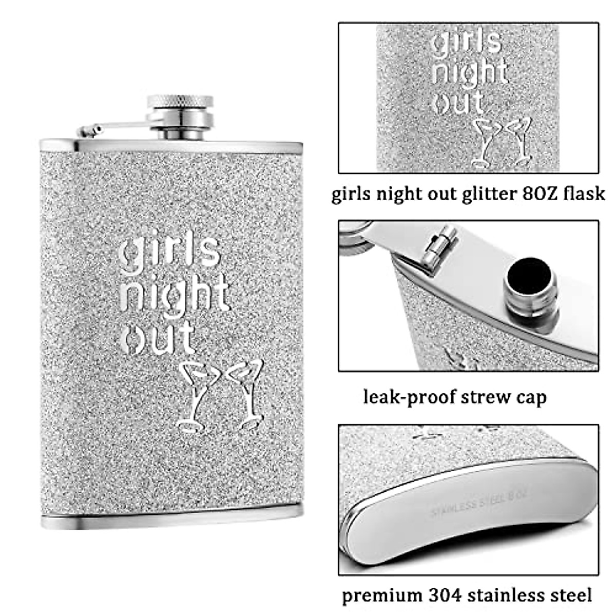Hillside-Kit Hip Flask for Liquor 8 Oz Stainless Steel Leak proof with Funnel Flask set men flask women flask set (Giltter Silver)