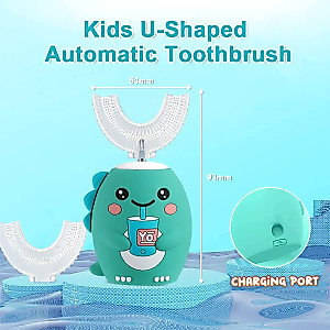 DORCAS U Shaped Toothbrush Kids Electric Toothbrushes, 6 Ultrasonic Cleaning Modes, IPX7 Waterproof, 59S Smart Reminder Toddler Toothbrush(Green Dinosaur, Ages 2-7)