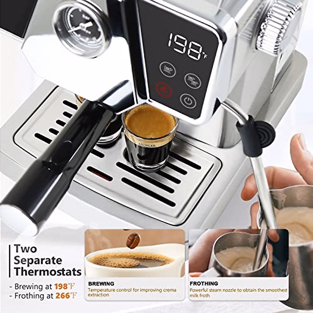 Homtone Espresso Machine 20 Bar, Stainless Steel Espresso Machine with Milk Frother for Cappuccino, Latte, Touch Screen Espresso Coffee Maker for Home (Retro)